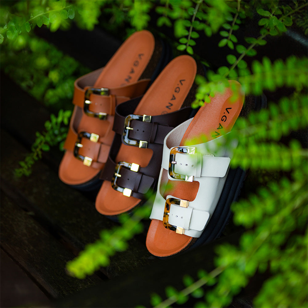 Womens Vegan Plum Footbed Tortoiseshell Sandals in White | V.GAN